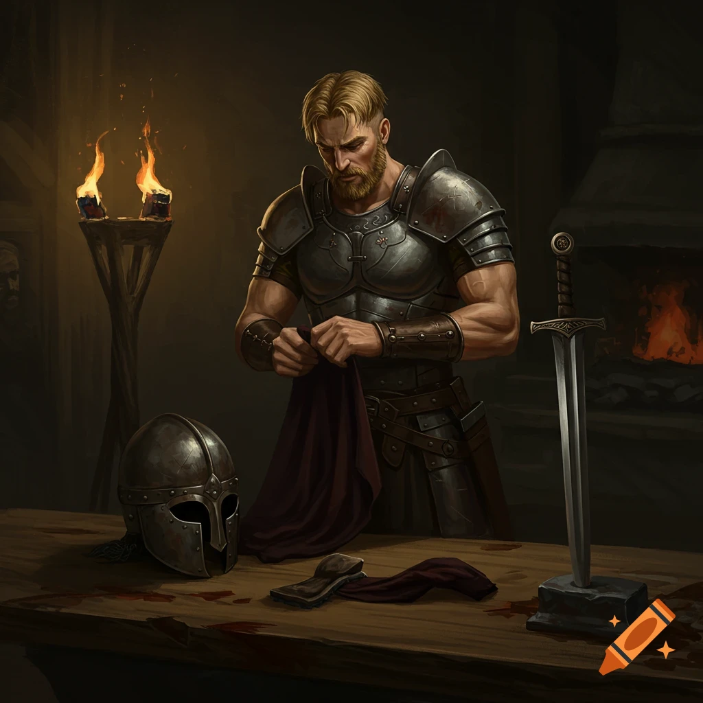 Beowulf preparing armor for fight with Grendal's mother on Craiyon