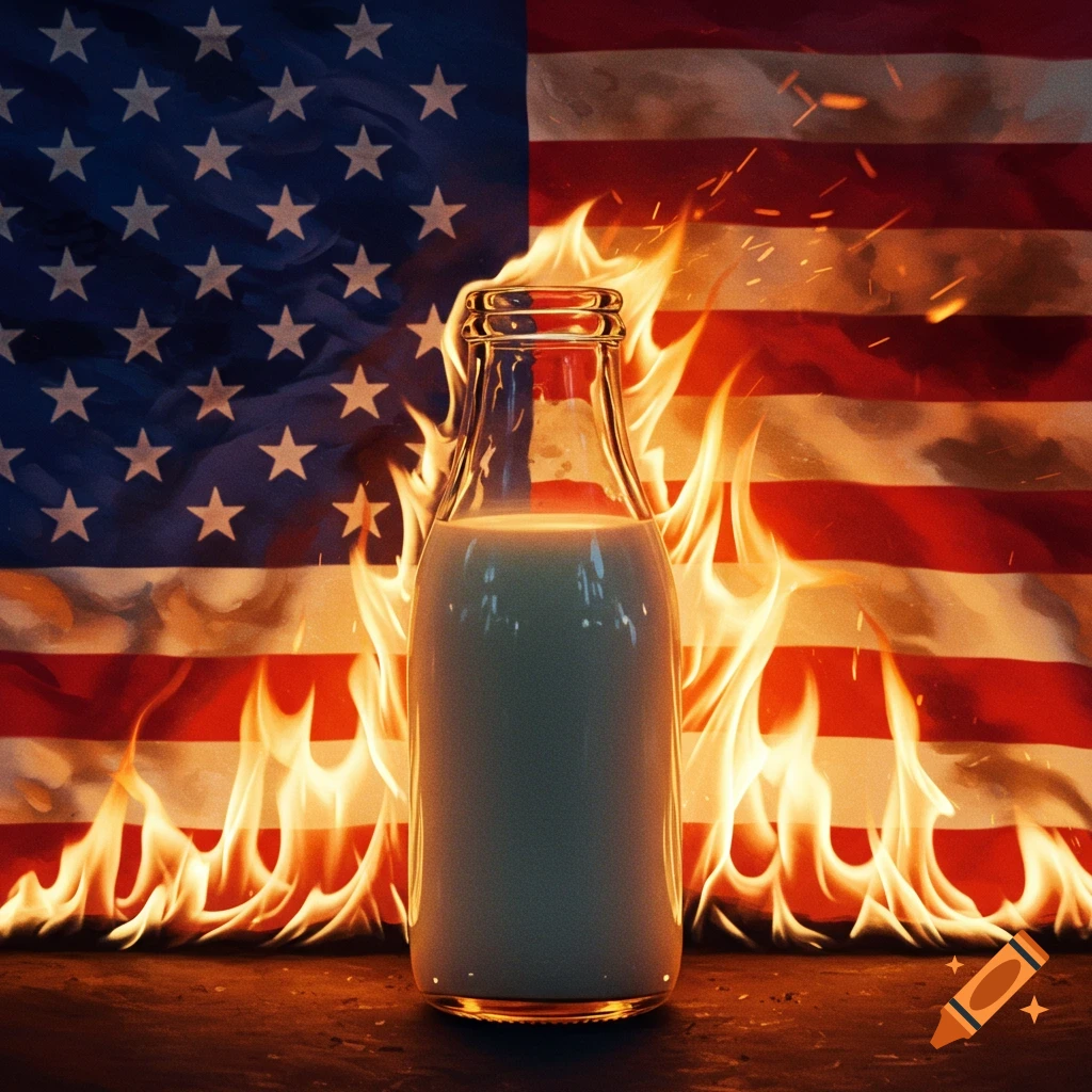 Glass milk bottle in front of a burning American flag. on Craiyon