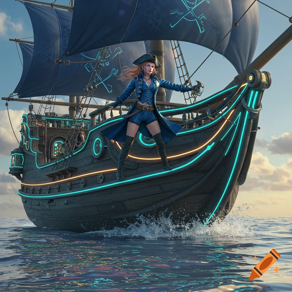 Futuristic pirate ship with neon accents and female pirate on Craiyon