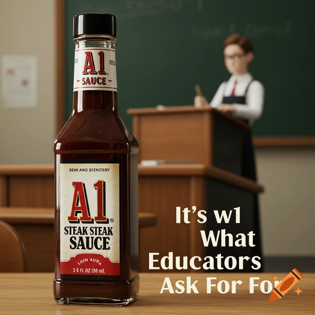 A1 Steak Sauce with the caption "A1, it's what educators ask for" on Craiyon