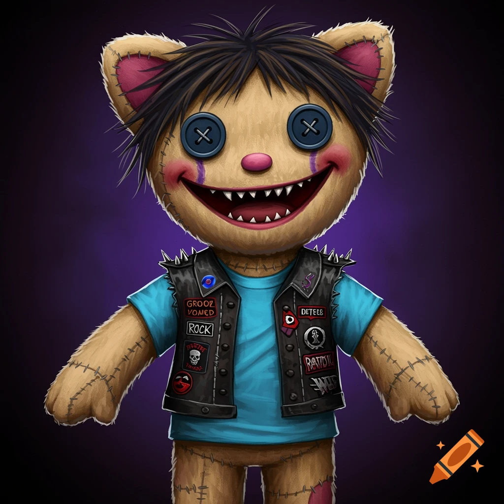 Creepy, happy puppet character with stitched limbs and rock/metal vest ...
