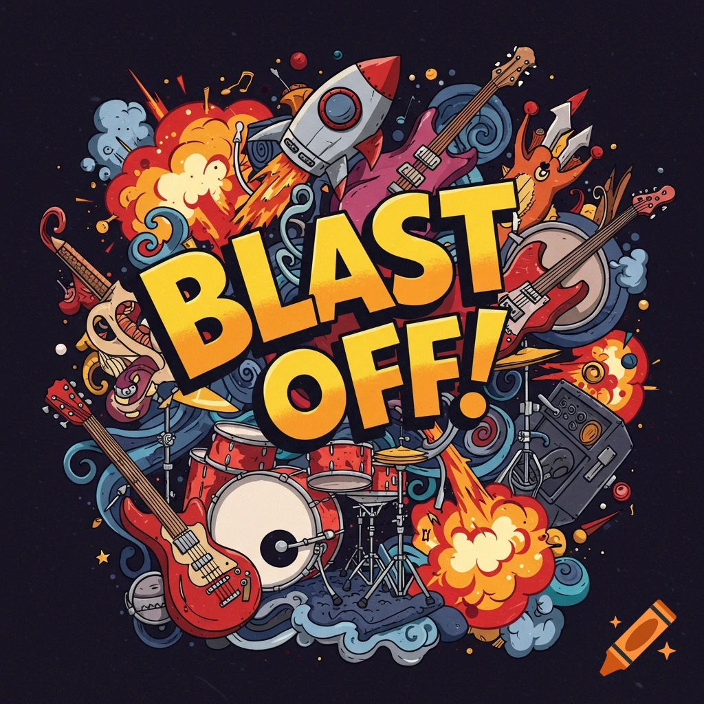 Cartoon illustration with rocket, musical instruments, explosions, and ...