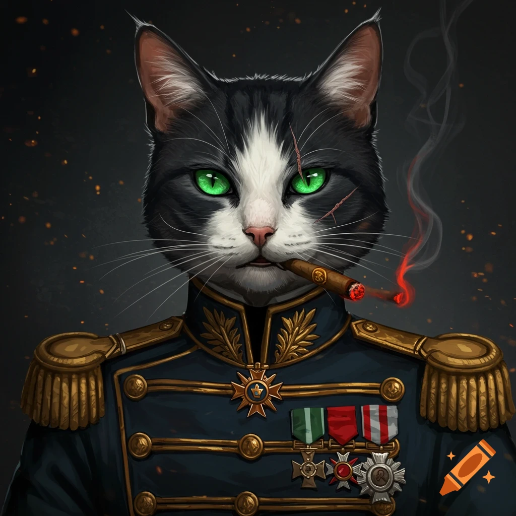 A black and white cat in a military uniform, smoking a cigar, with ...