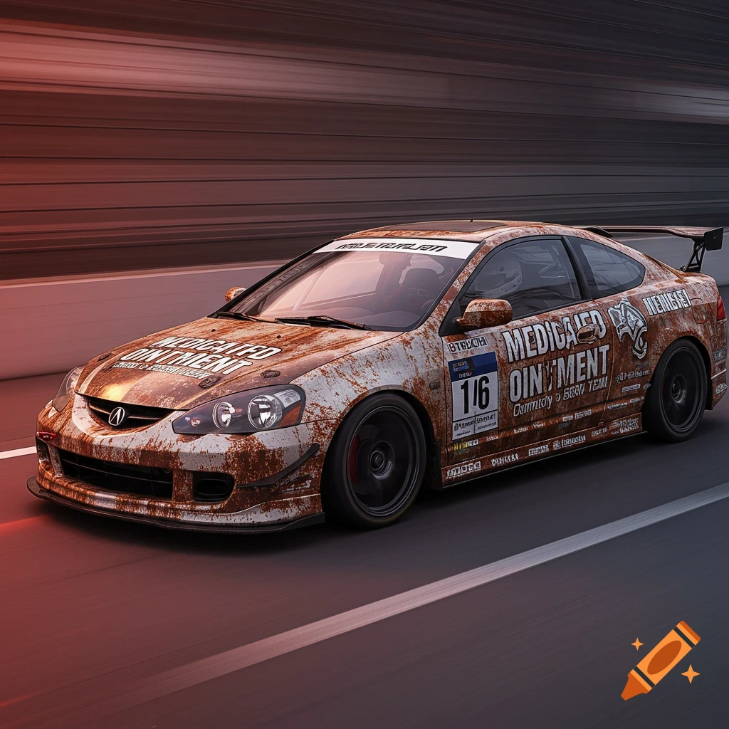 A rusty race car with logos speeds on a track. on Craiyon