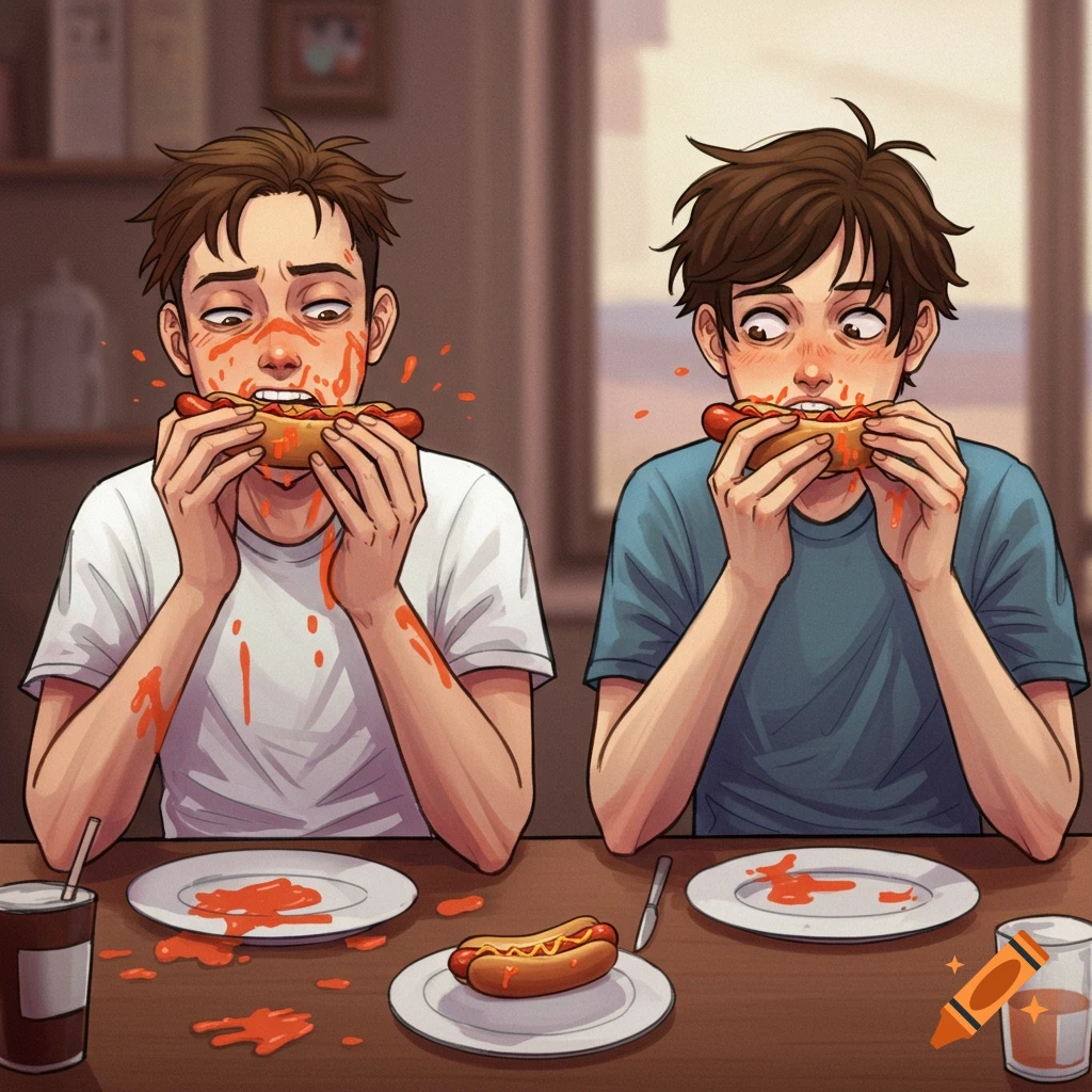 A digital illustration of two people messily eating hot dogs at a table ...
