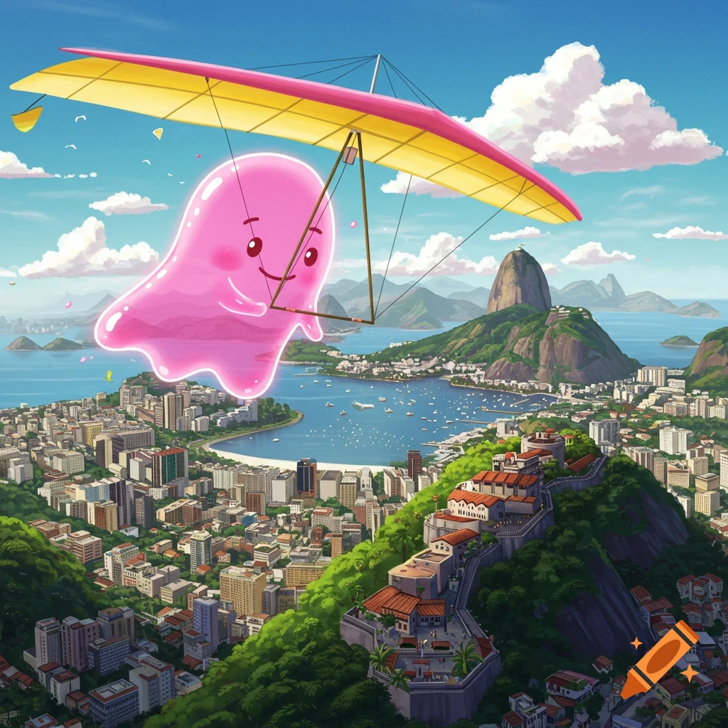 Sentient jelly blob hang gliding over Rio de Janeiro on Craiyon