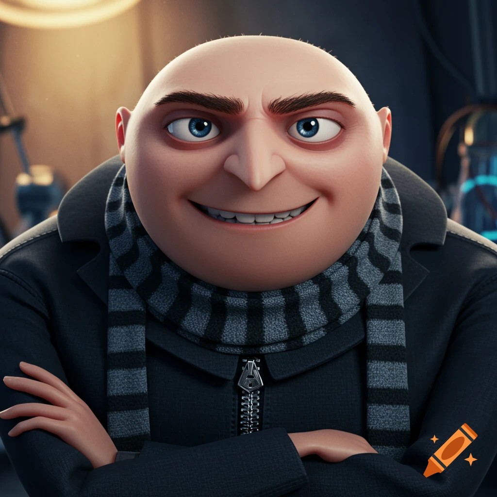Gru from Despicable Me holds a photo of four children in a 3D animated ...