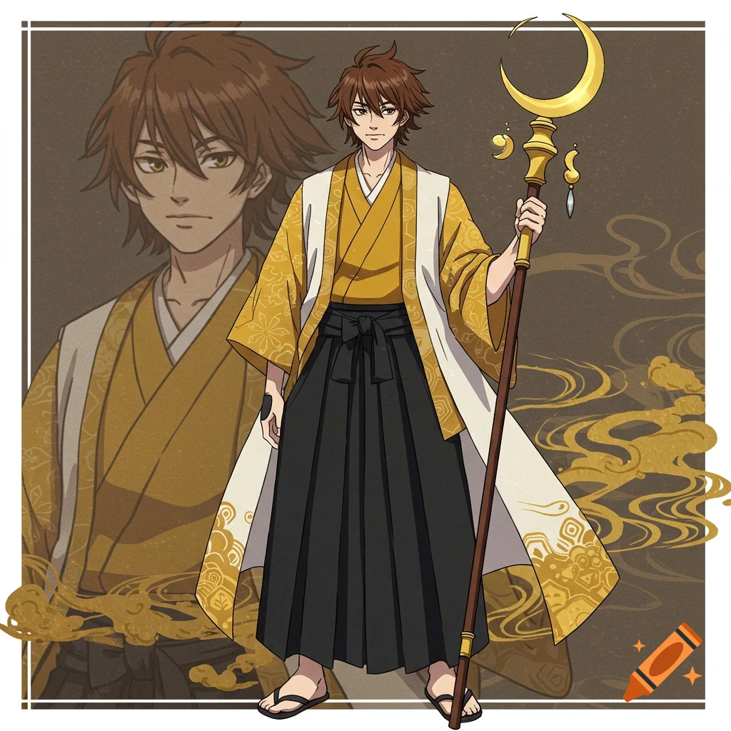 Anime-style illustration of a man in a yellow kimono, black hakama, and ...