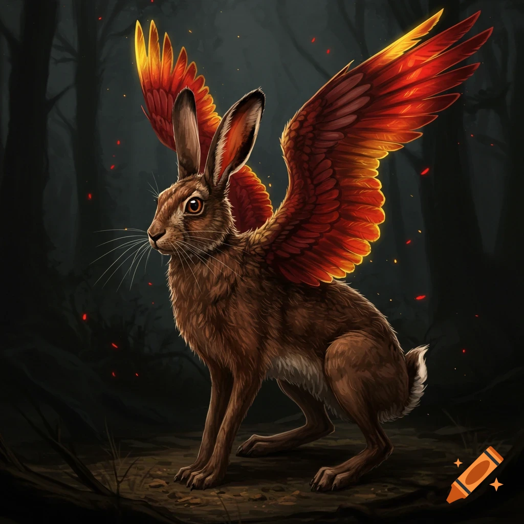 A hare with fiery orange and red wings standing in a dark forest. on ...