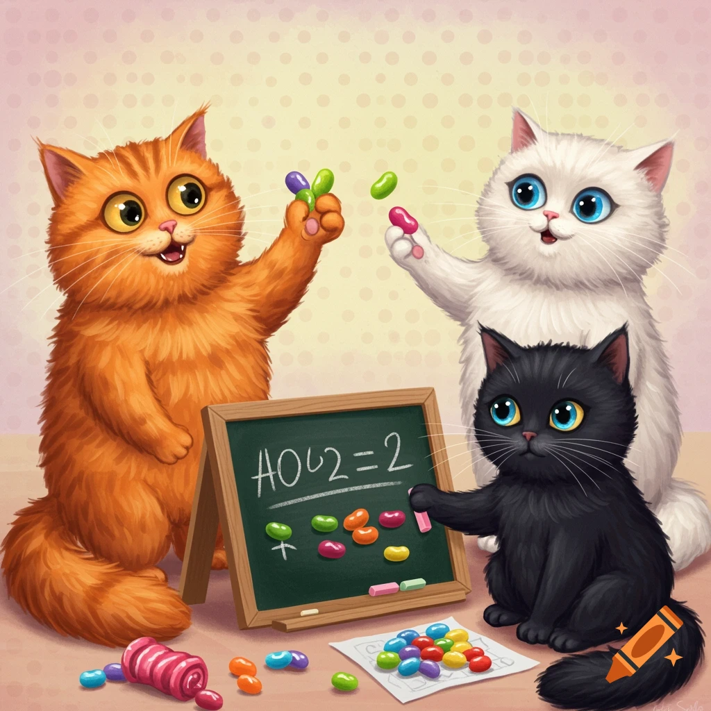 Three cats solving a subtraction problem with jellybeans on Craiyon