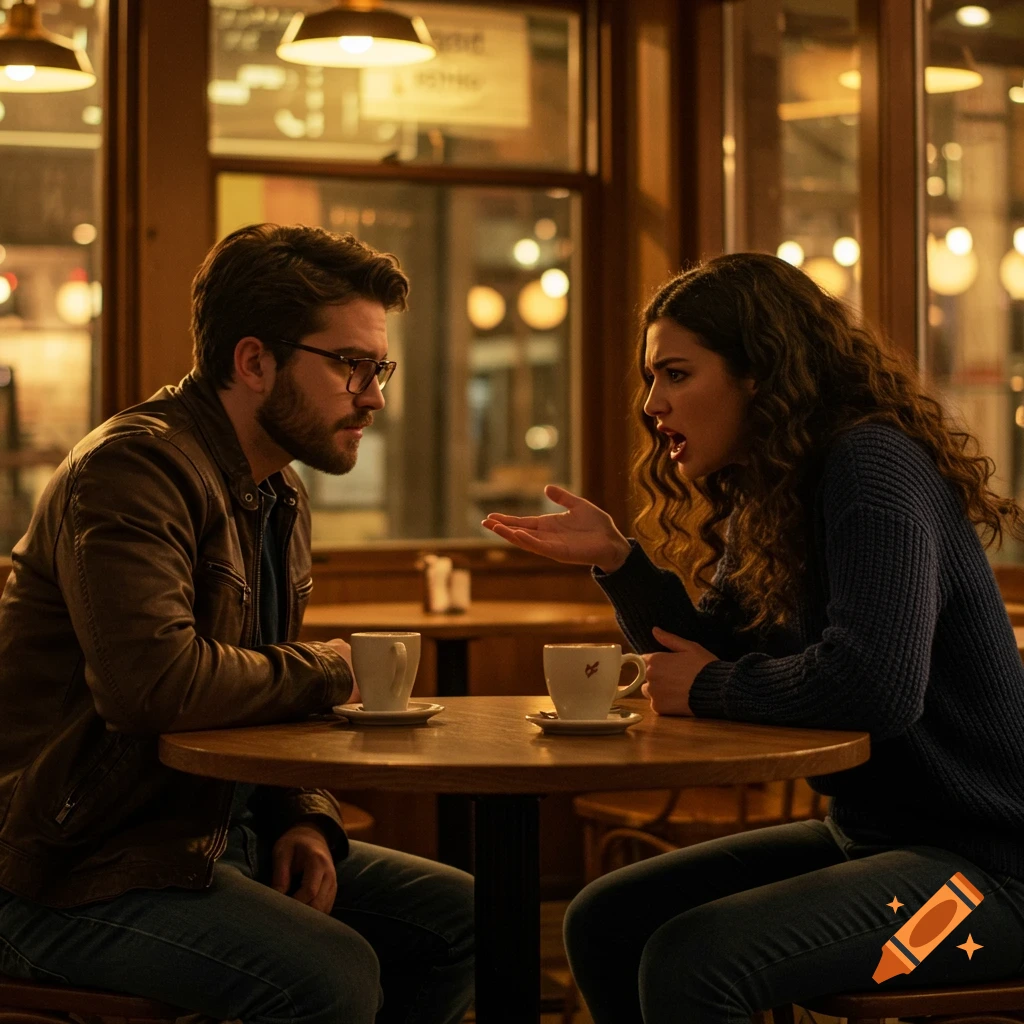 Two people having an emotional discussion in a coffee shop (3D render ...