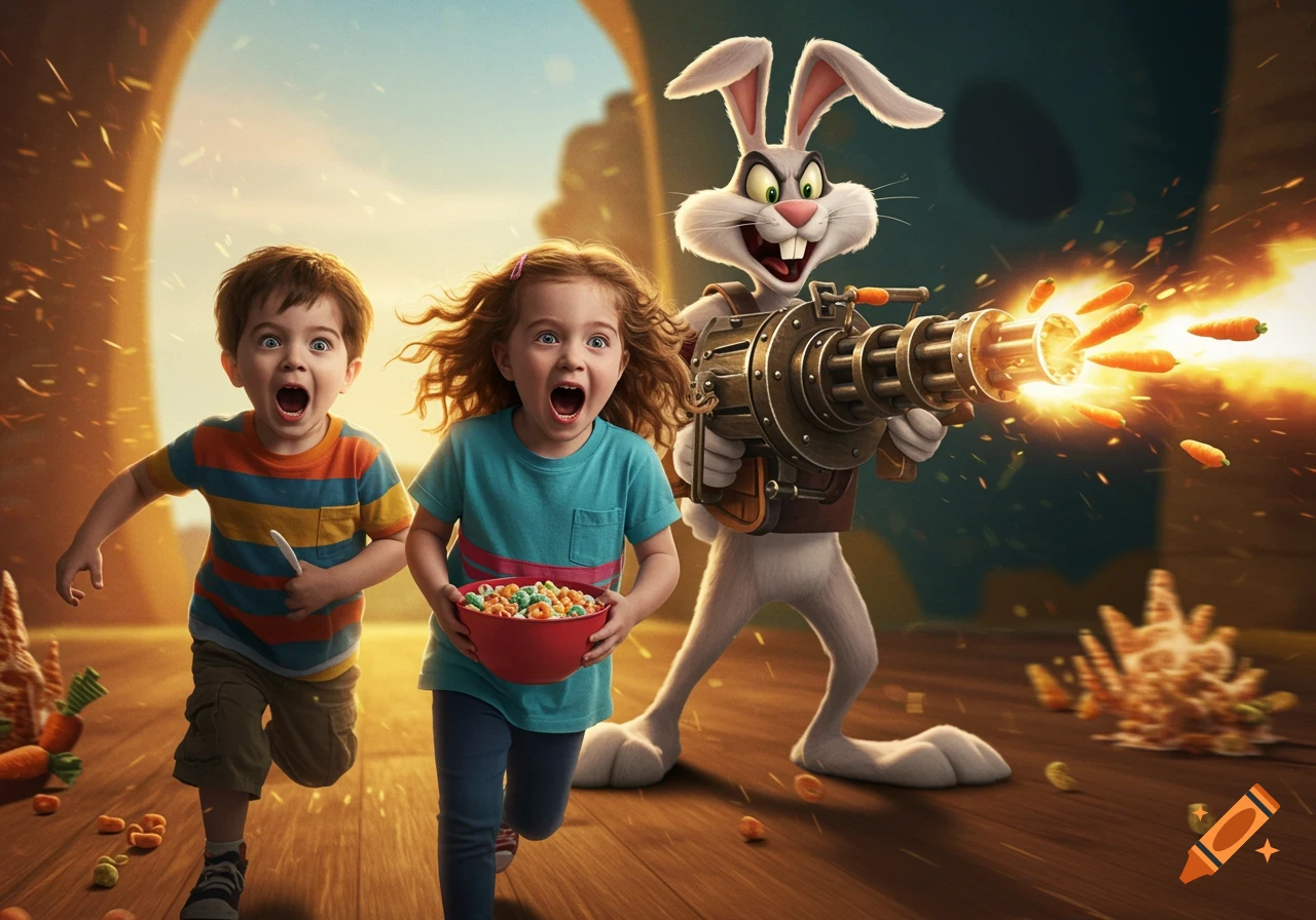 Frightened children with Trix cereal, Trix rabbit with gatling gun on ...