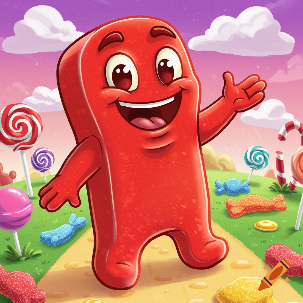 A happy, cartoonish red apple character stands in a whimsical candy ...