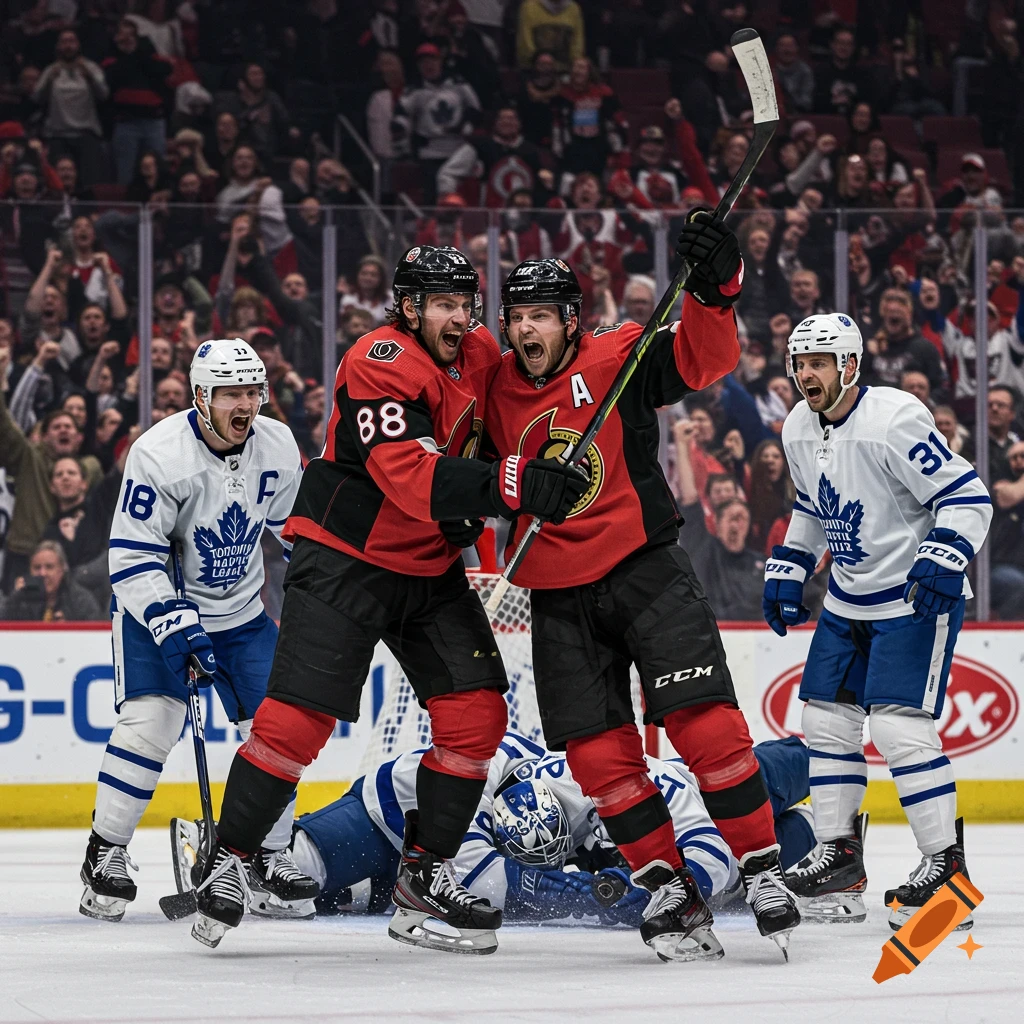 Hockey players from Ottawa and Toronto react during a game, one team ...