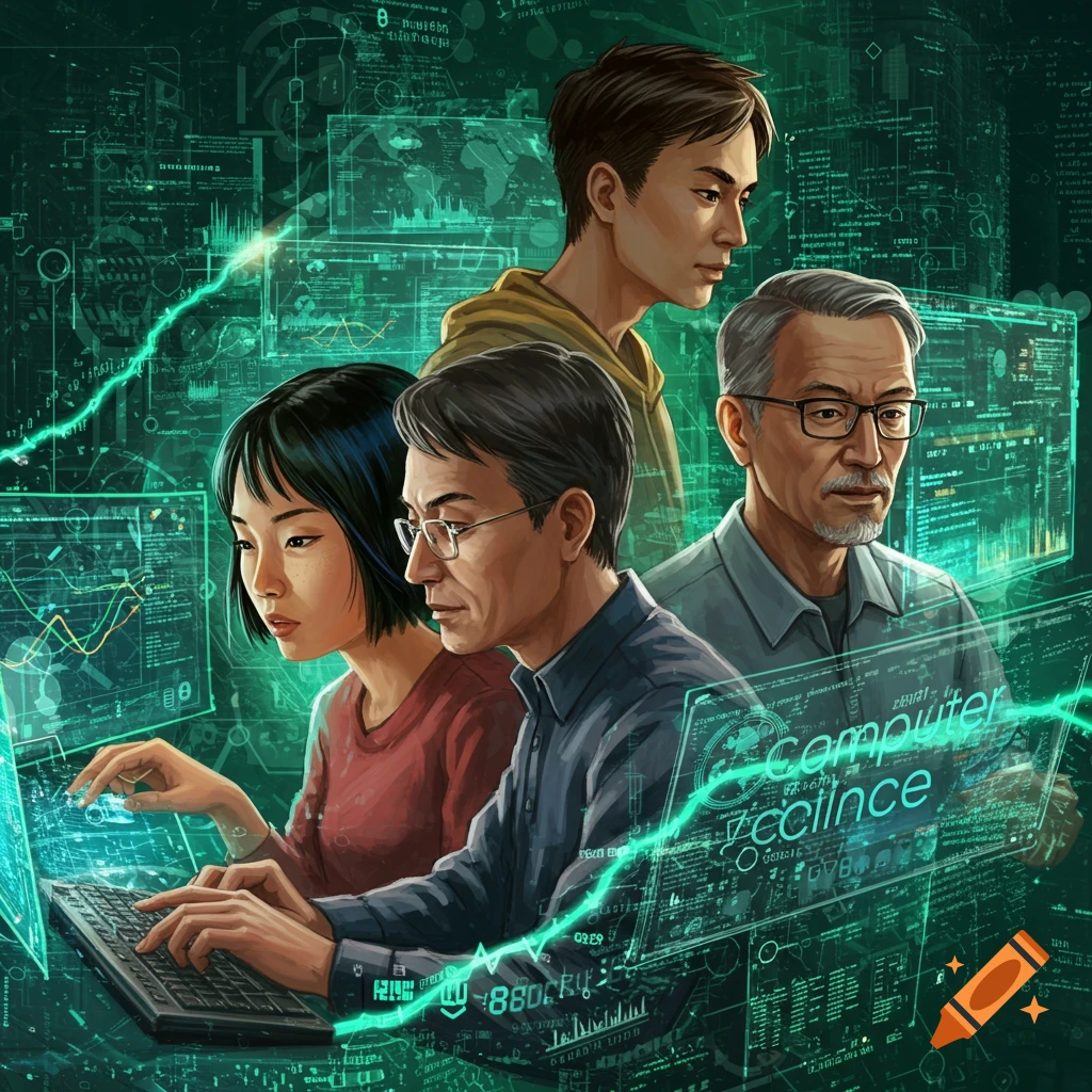 A group of diverse people working with glowing computer screens and code in a digital ...