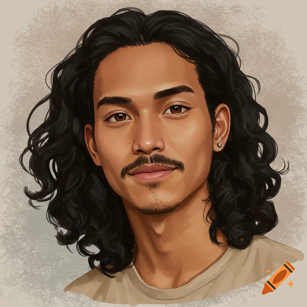 Aiden Tate, Filipino man with long curly black hair and mustache on Craiyon