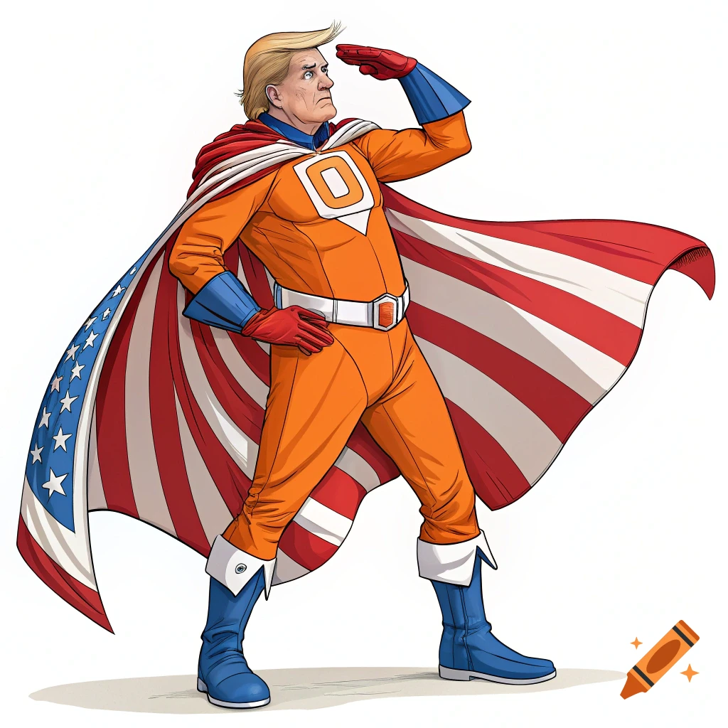 Donald Trump as the Orange Overlord superhero in orange, red, white ...