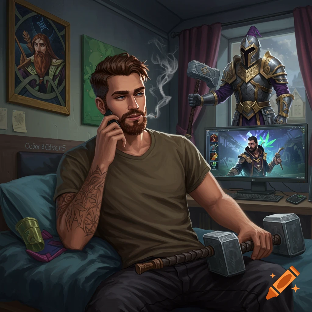 Man with beard and tattoos smoking weed, playing League of Legends on ...