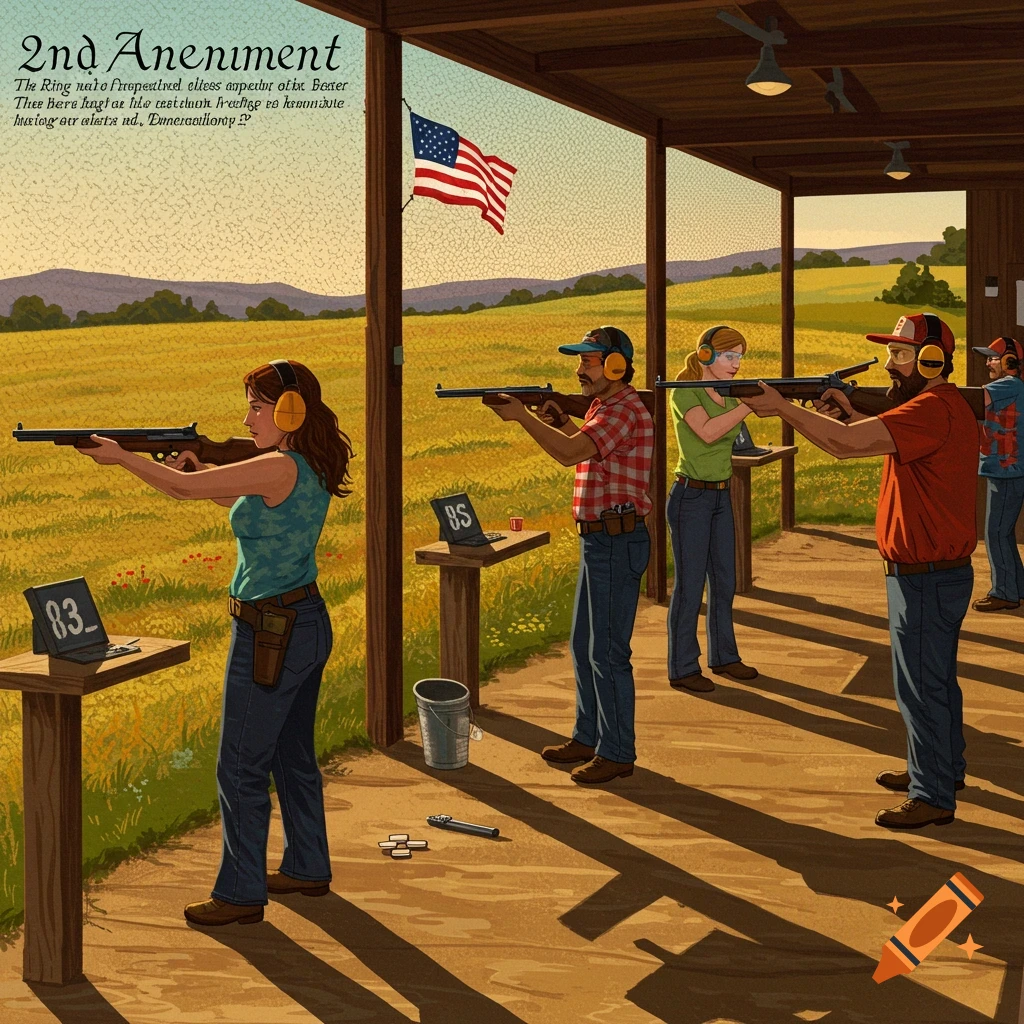 People shooting rifles at an outdoor firing range under a covered ...