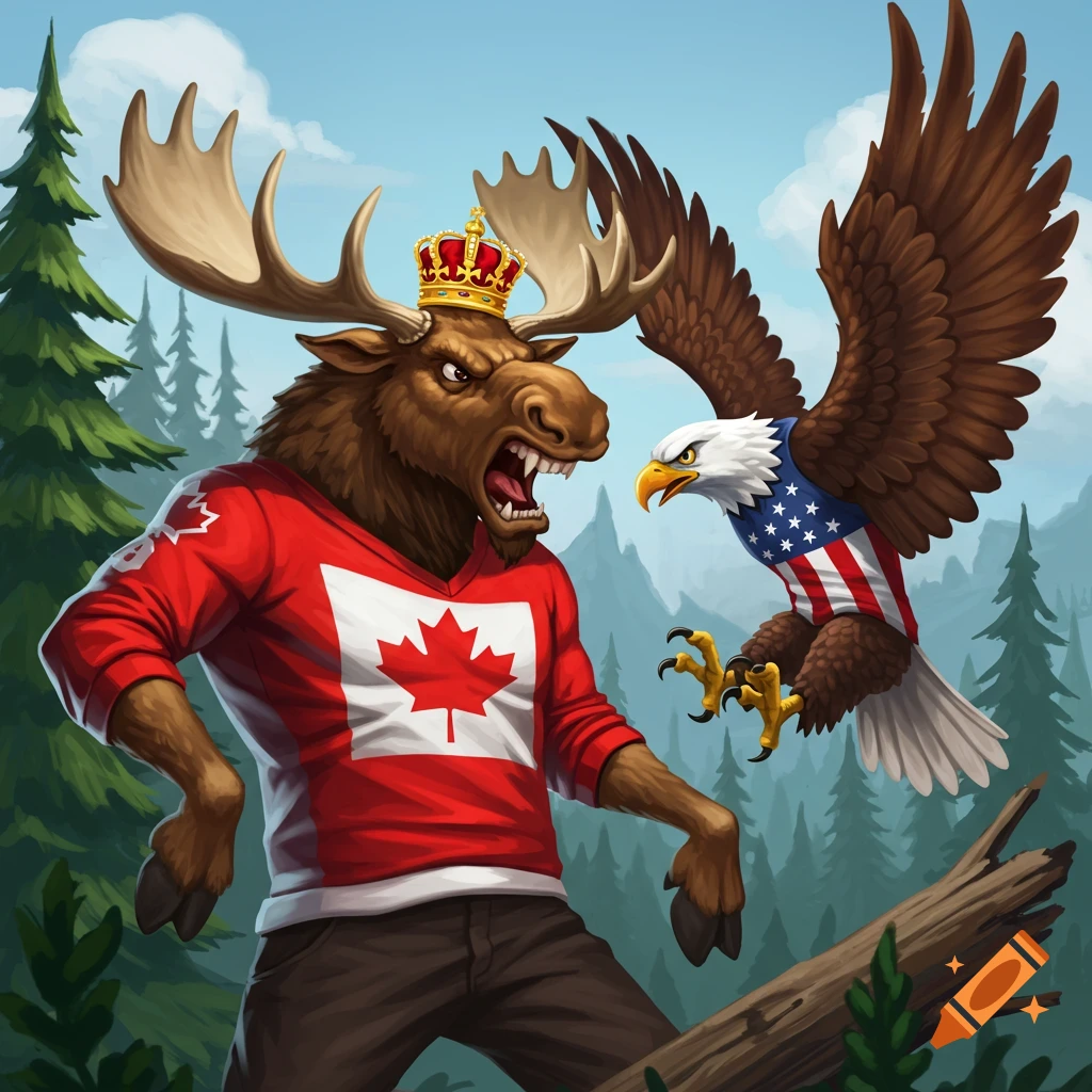 Angry moose in Canada shirt fighting eagle in USA shirt on Craiyon