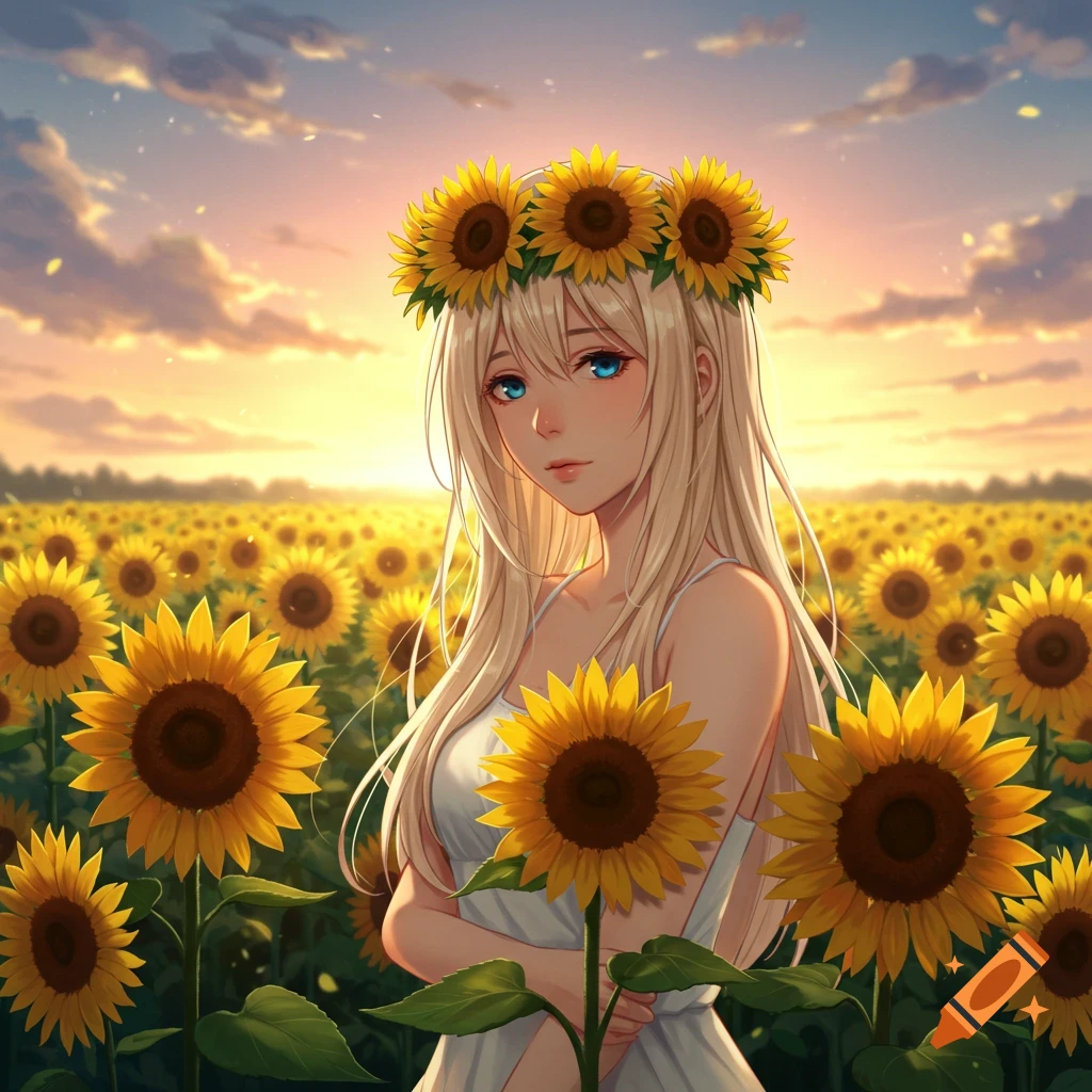 Anime Portrait Of A Woman With A Sunflower Crown In A Sunflower Field