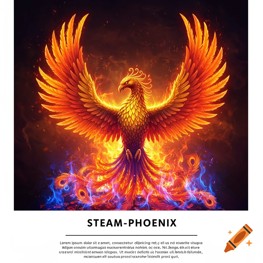 Phoenix with blue and red flames and Steam-Phoenix text on Craiyon
