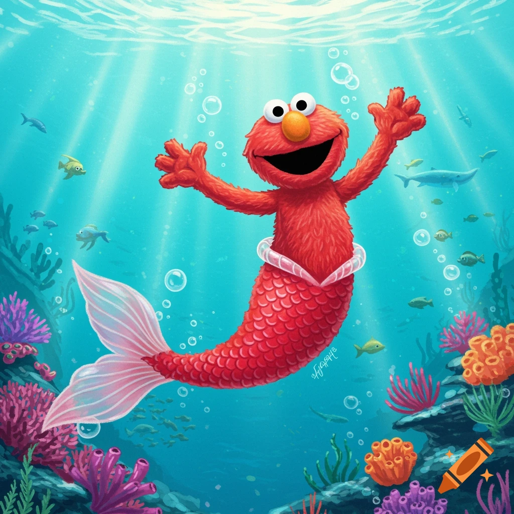 A vibrant image of Elmo as a mermaid with a red tail, swimming among ...