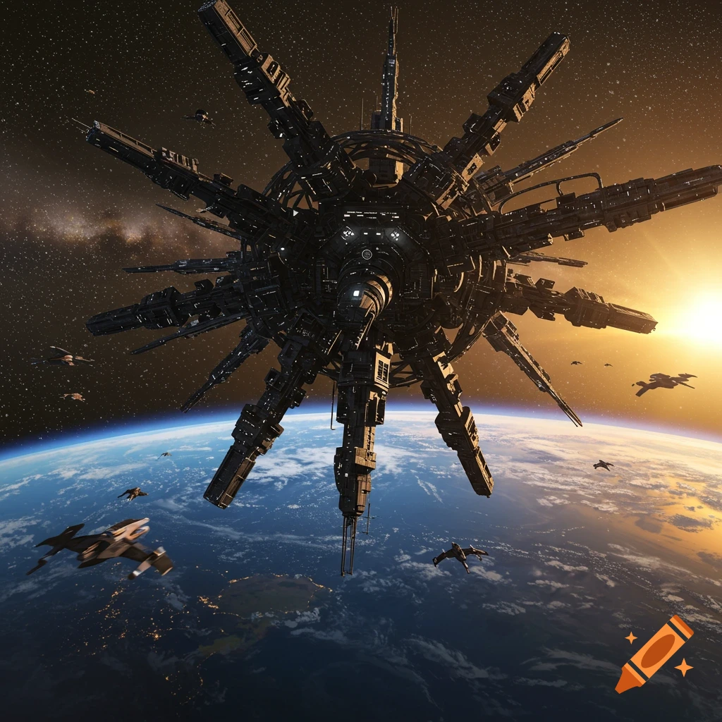 A massive futuristic space station orbits Earth, with smaller spaceships flying nearby. on Craiyon