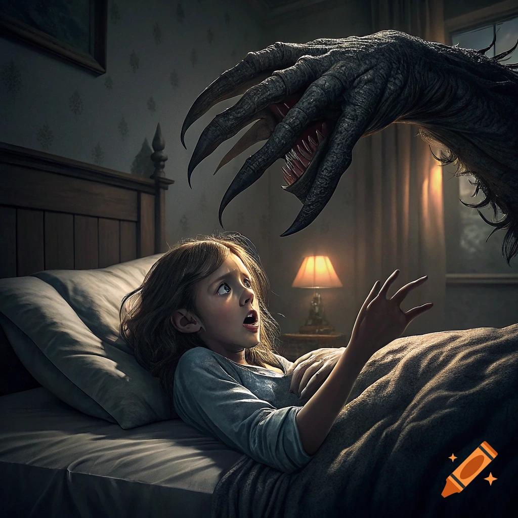 Alien hand grabbing girl's wrist in bedroom on Craiyon