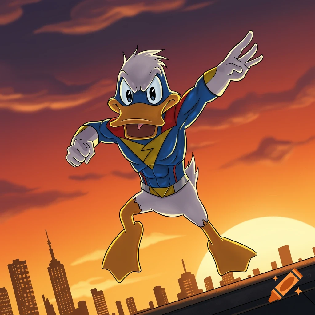 Superhero duck flying over a city at sunset on Craiyon