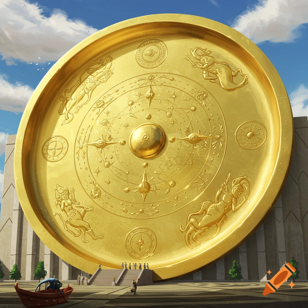 Ornate Greek round shield engraved with hero tales on Craiyon