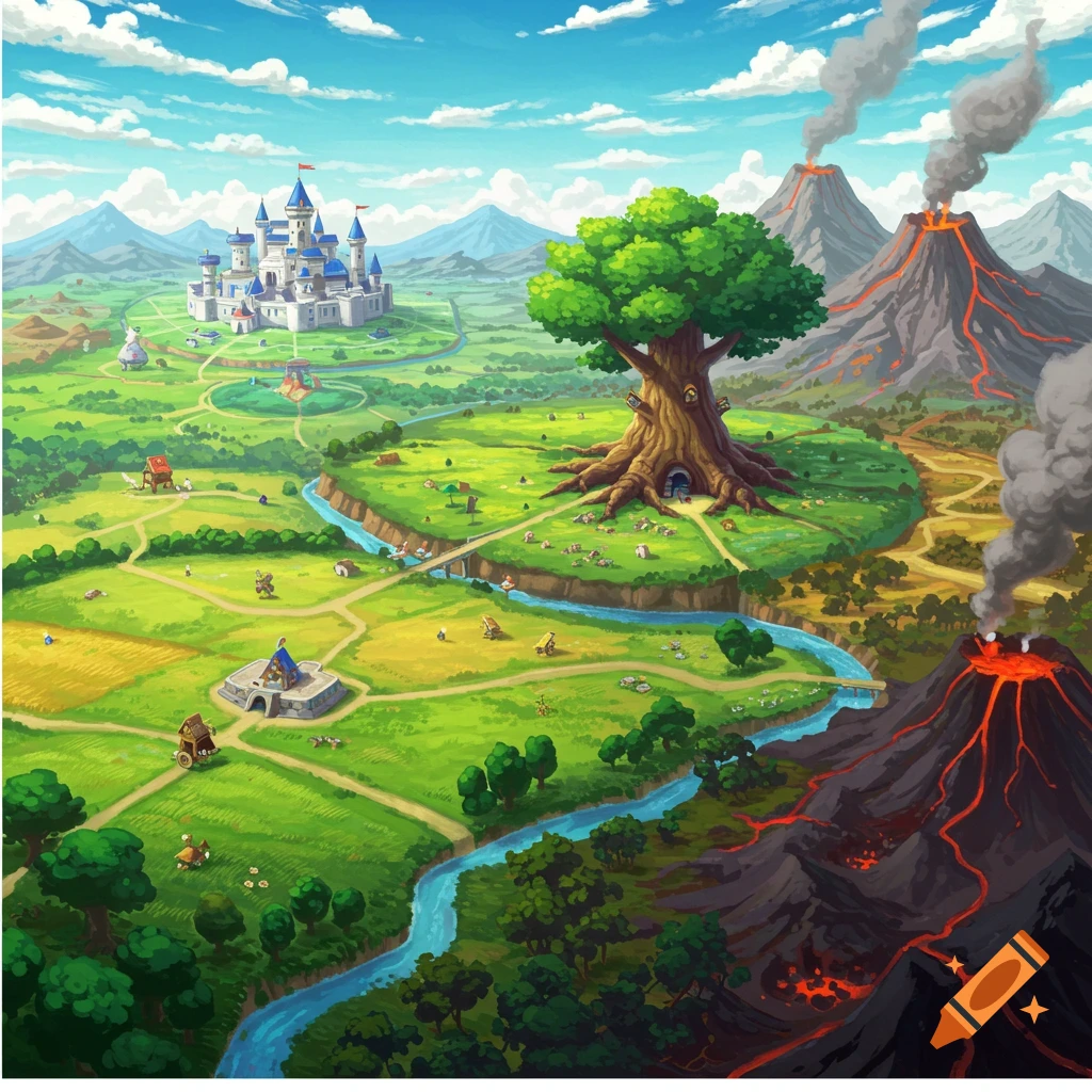 A detailed fantasy kingdom map featuring a prominent castle, a winding ...
