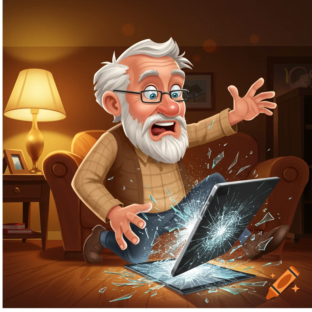 A startled grandpa breaks his tablet, glass shattering. on Craiyon