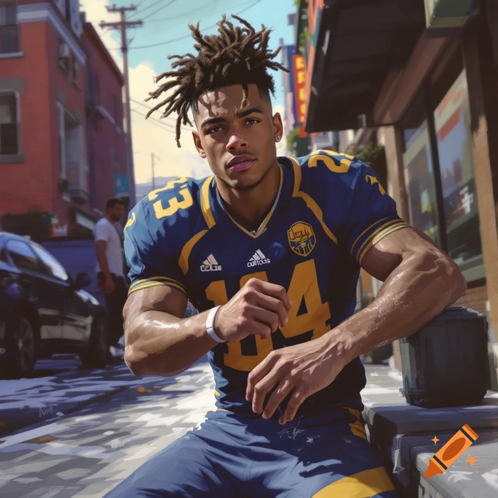A man in a blue and yellow football uniform sits on a city street. on ...