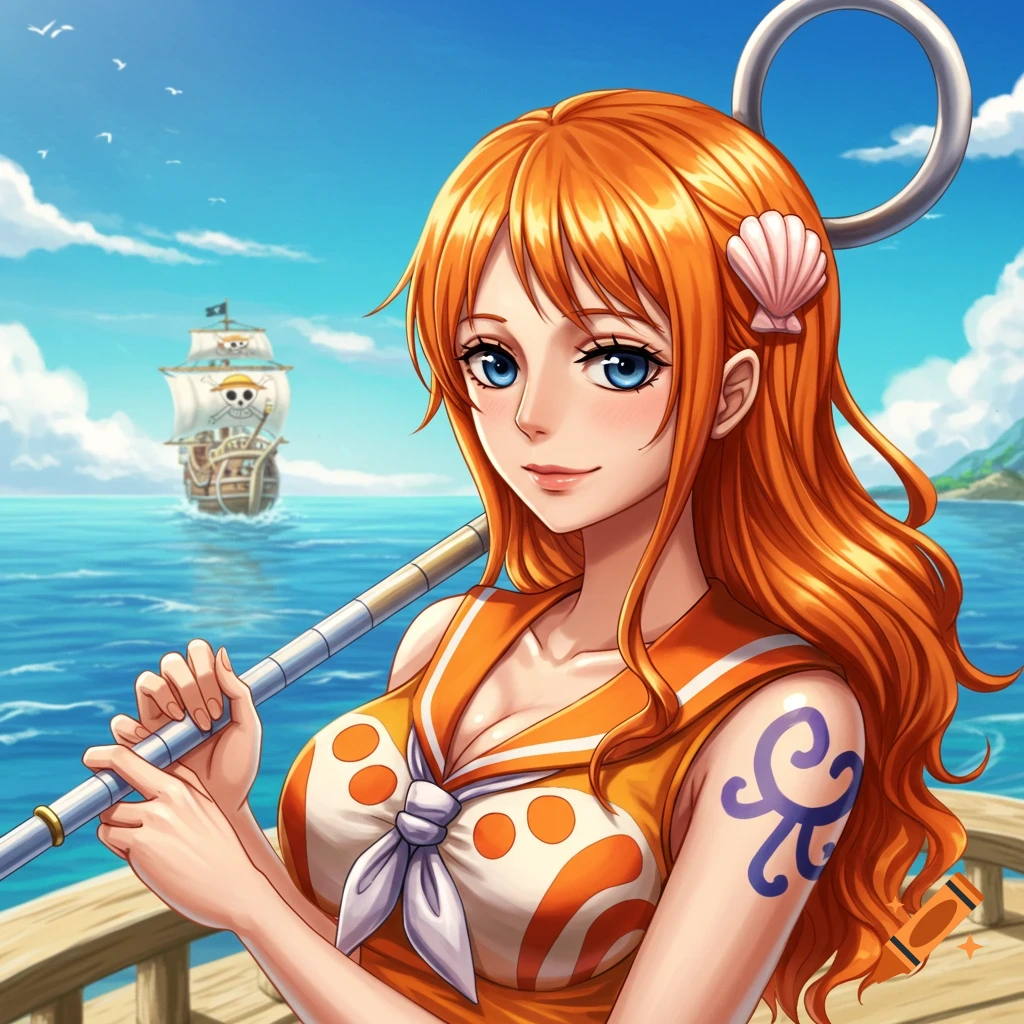 Nami from One Piece is on a ship deck, with a ship in the background. on Craiyon