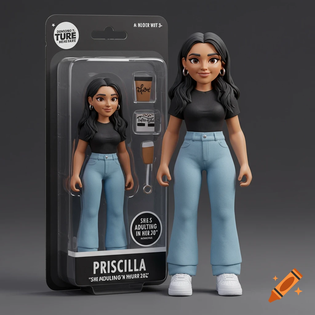 A 3D render of an action figure named Priscilla in blister packaging ...