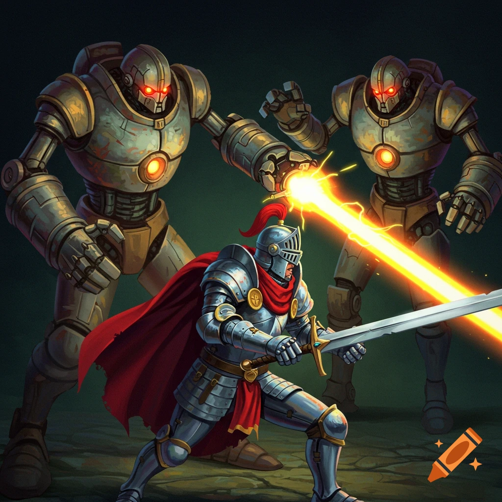 A knight fighting two robots with a sword and a laser. on Craiyon