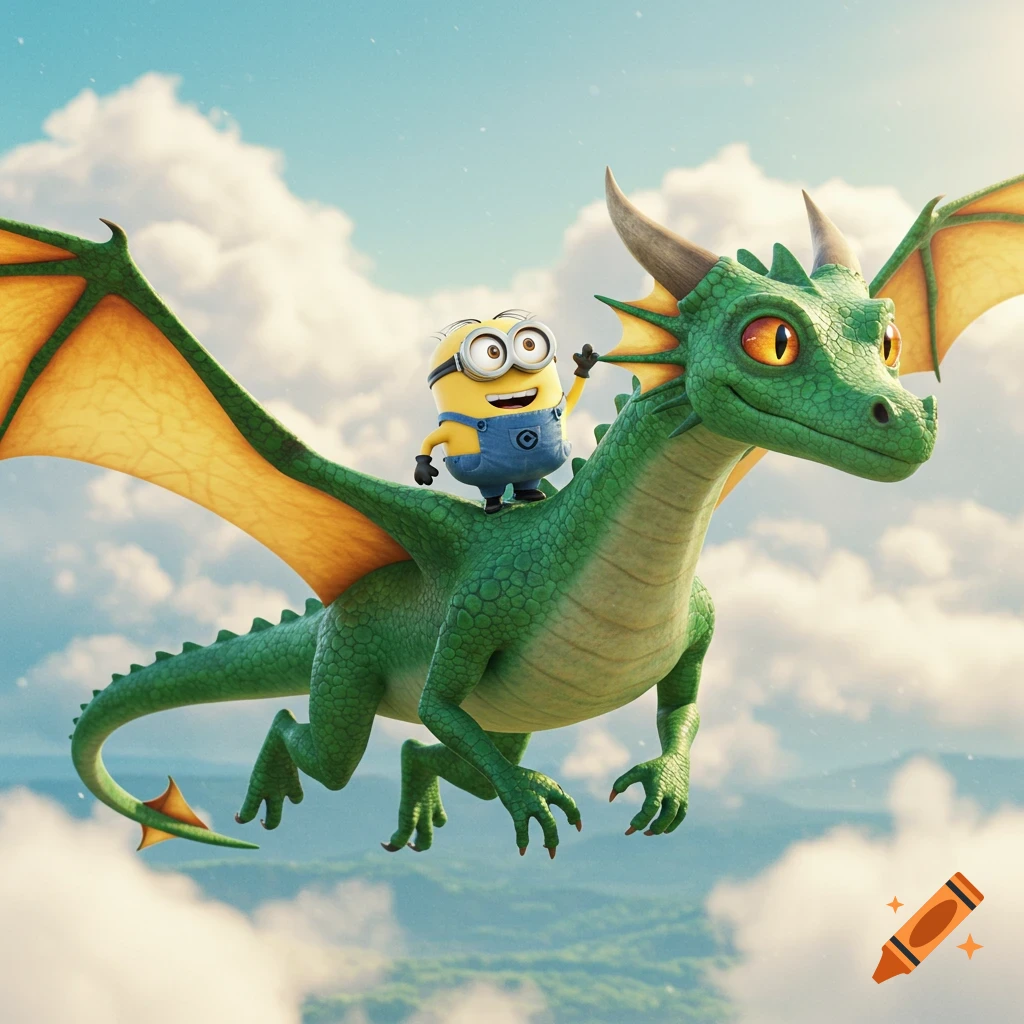 A Minion character rides a green dragon through the clouds in the sky ...