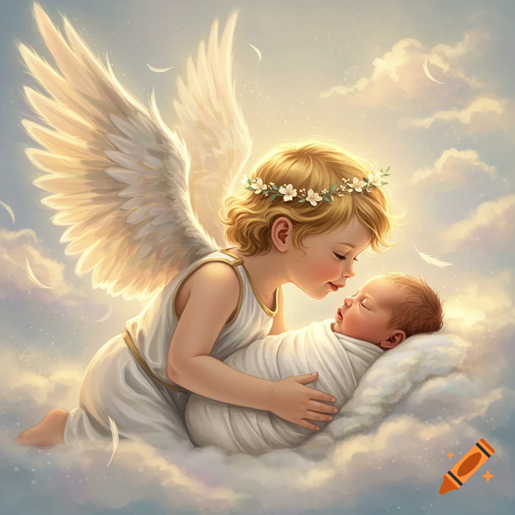 An angel two year old kissing a newborn baby on Craiyon