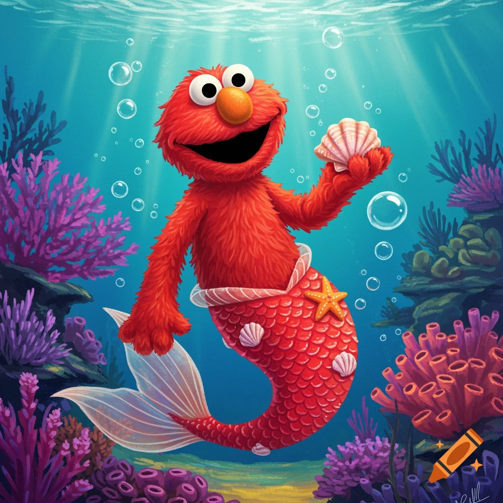 Elmo as a mermaid holds a seashell underwater surrounded by coral. on ...