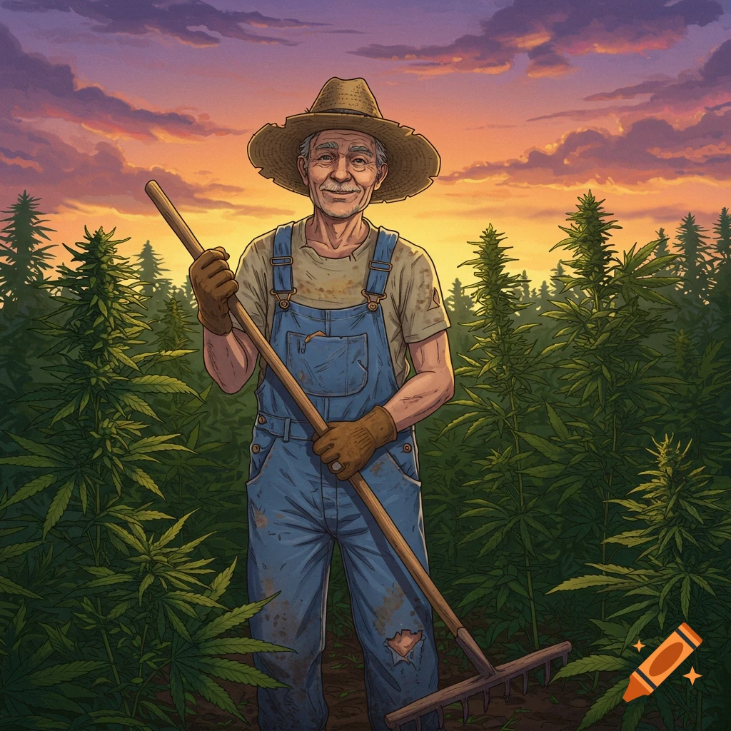 An old farmer in overalls stands in a marijuana field at sunset ...