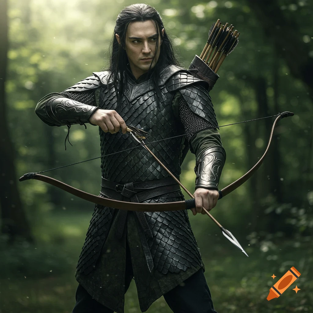 A male elf warrior with long black hair in scale mail armor holds a ...