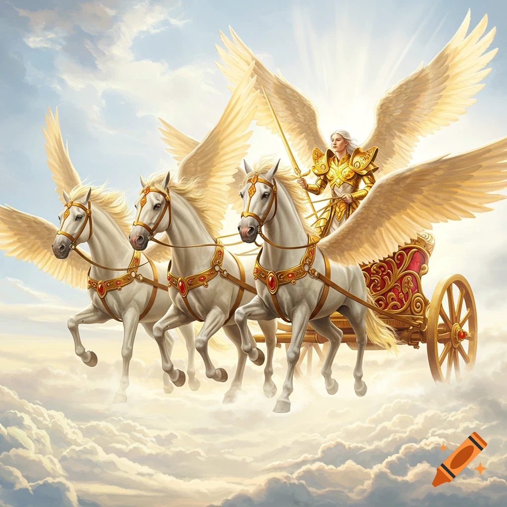 A goddess in a golden chariot pulled by two white unicorns flies ...