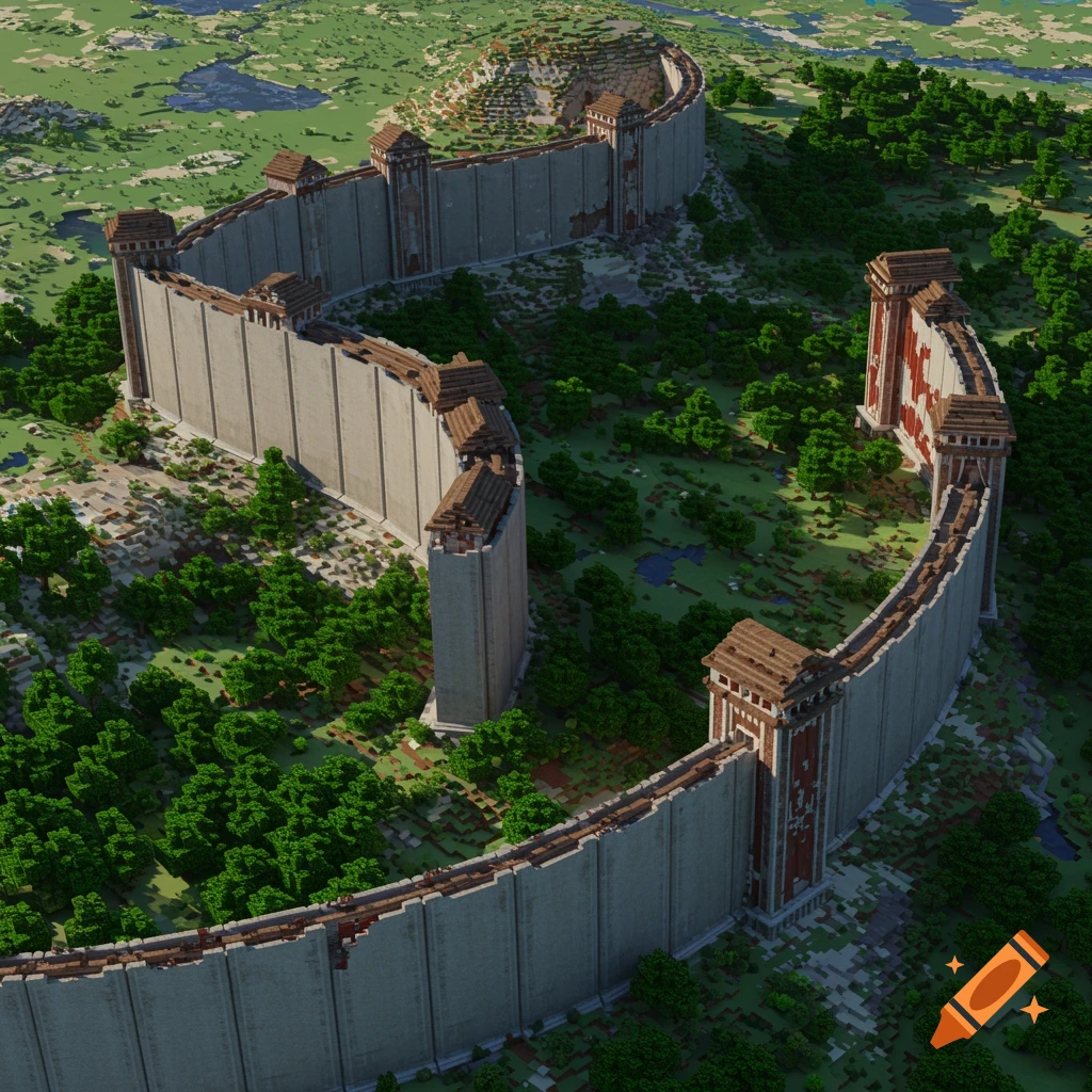 Minecraft build of a massive, winding wall in a hilly landscape. on Craiyon