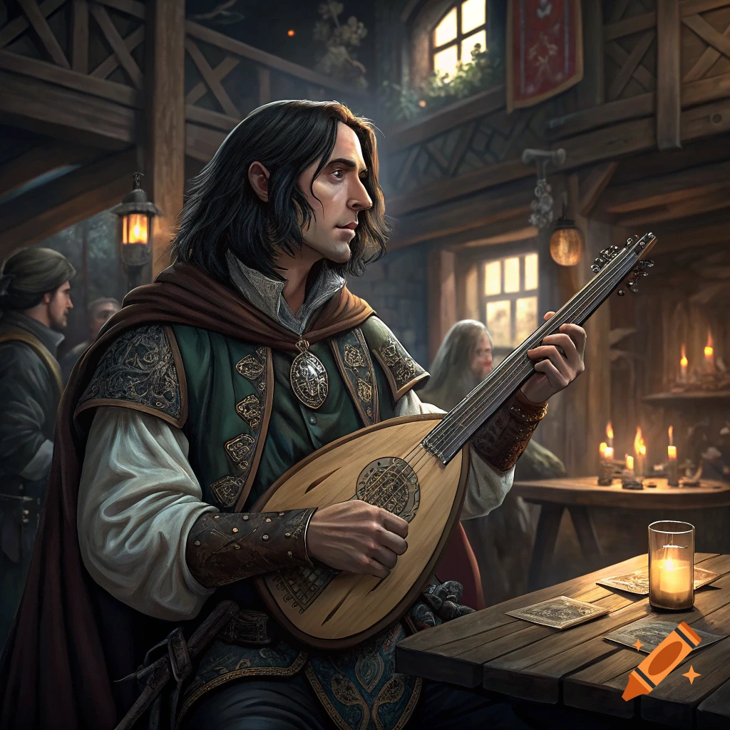 A man with long dark hair plays a lute in a dimly lit fantasy tavern ...