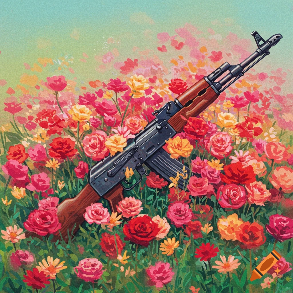 An AK-47 rifle stands in a field of colorful flowers. on Craiyon