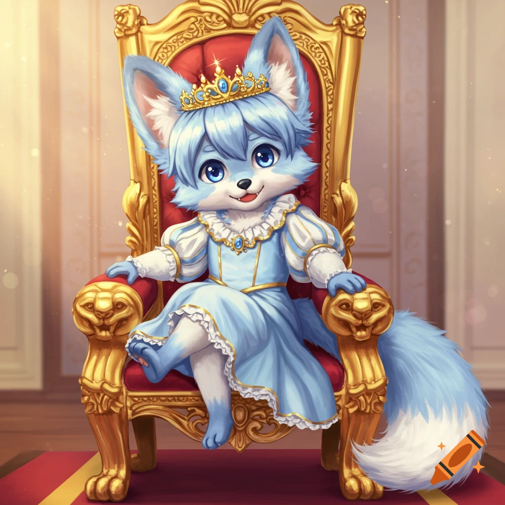 Cute light blue femboy fox furry on a throne wearing a crown on Craiyon