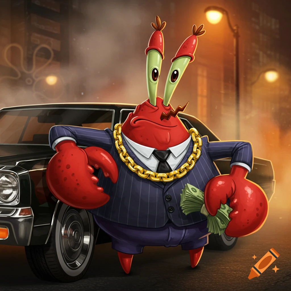 Mr. Krabs dressed as a gangster in a pinstripe suit, holding money, standing by a car in a city ...