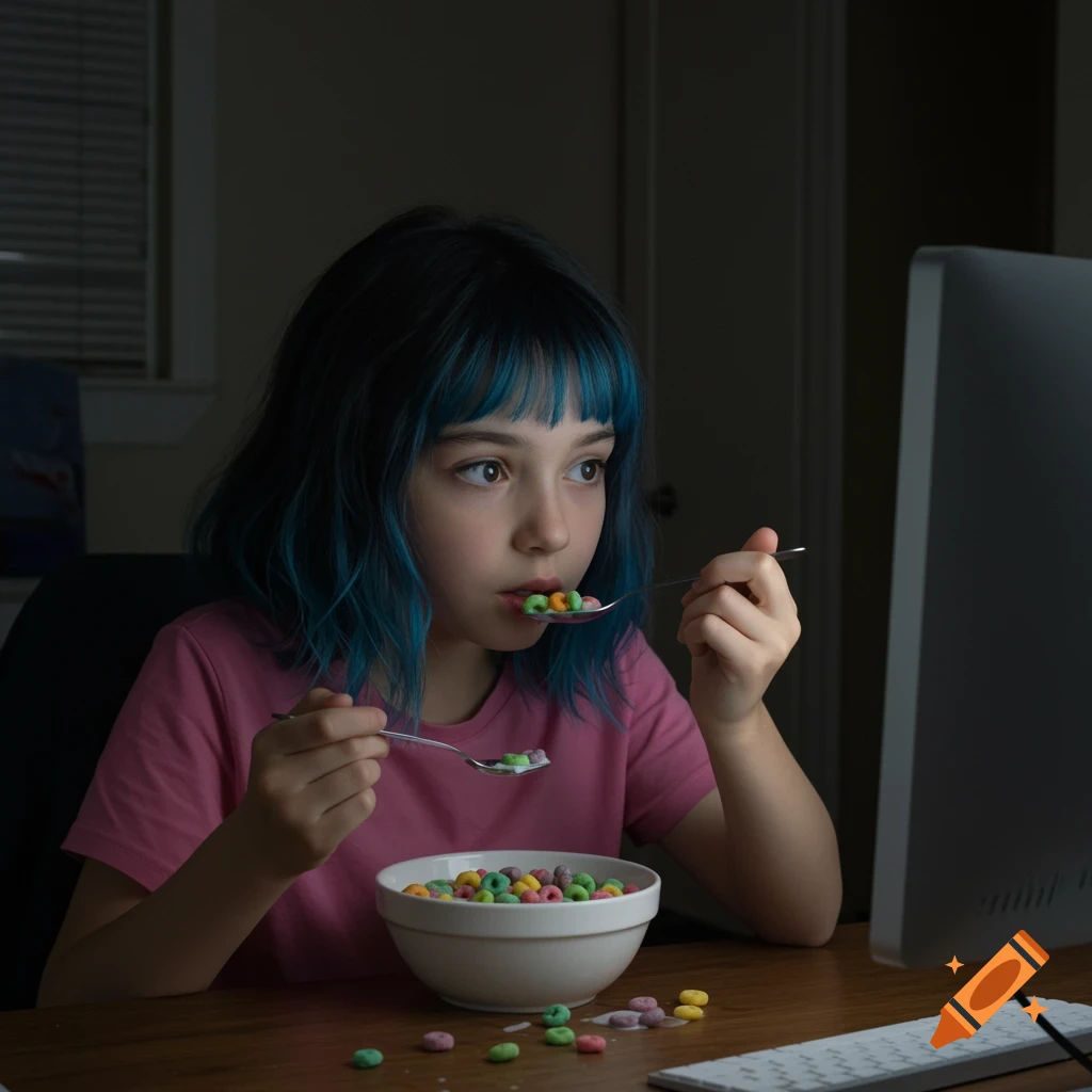 Black haired girl with blue bangs eating Trix cereal on Craiyon