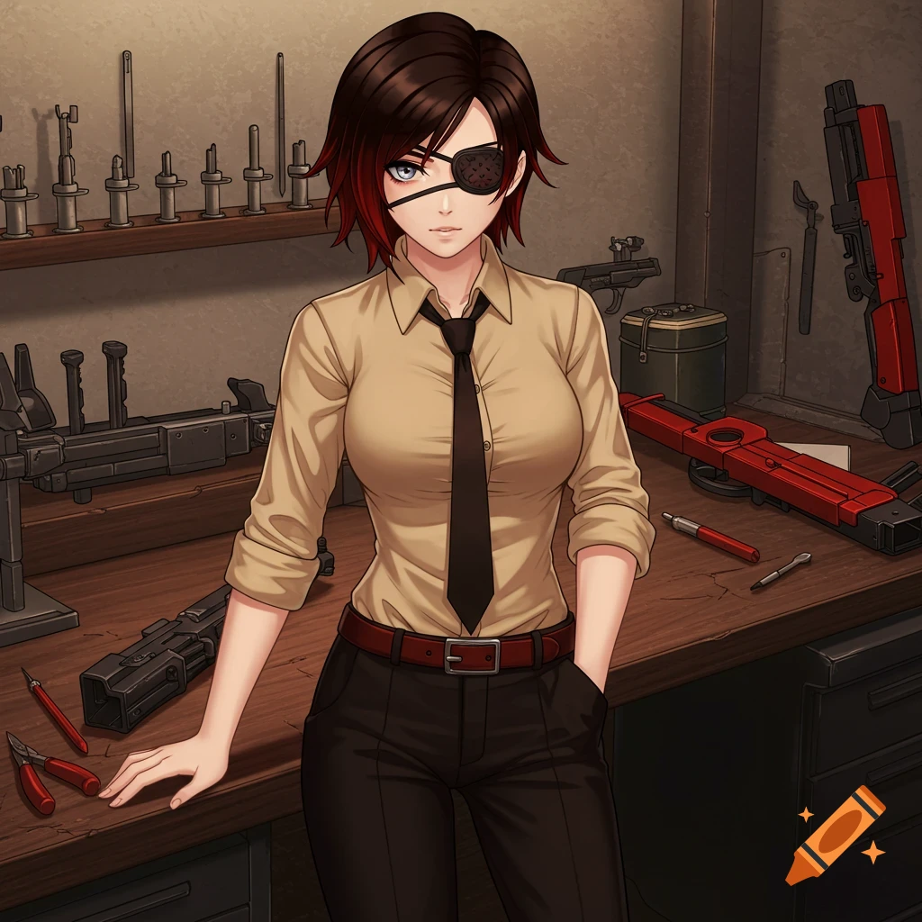 Ruby Rose from RWBY with eye-patch at desk with gun parts on Craiyon